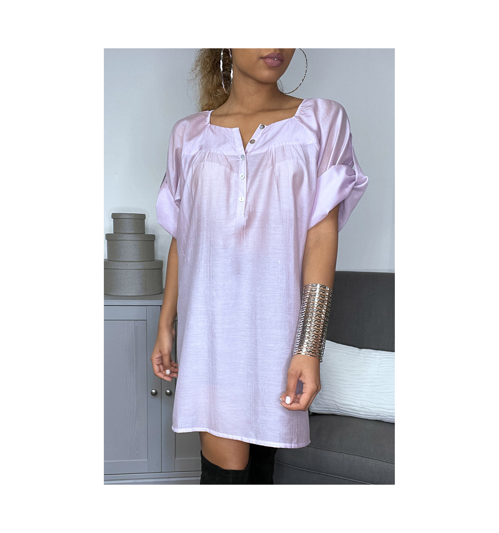 Robe tunique en soie ample satinée violette