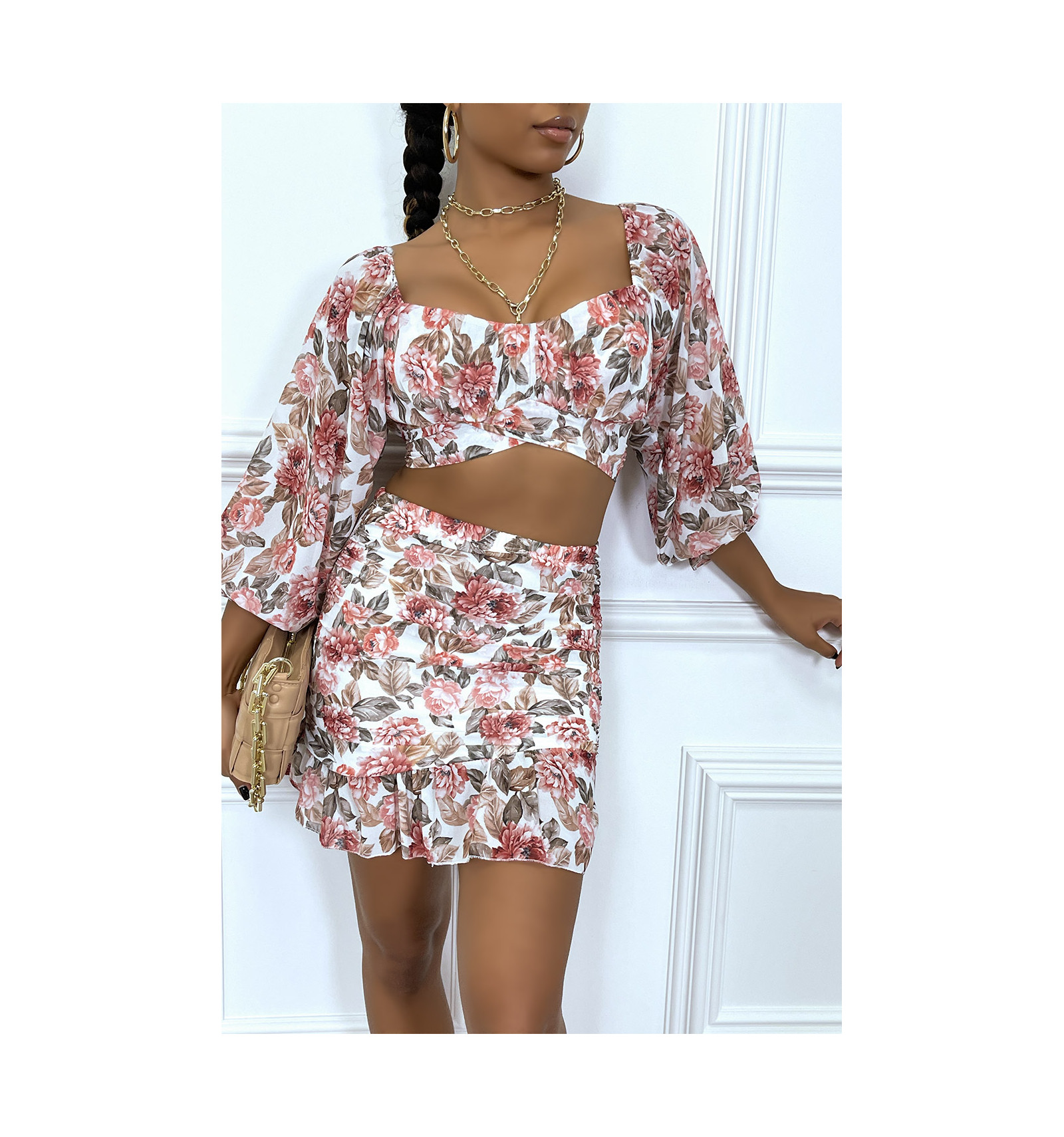 Ensemble crop top + jupe fleuri blanc à volant
